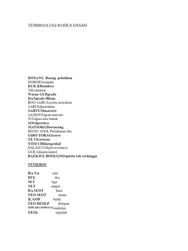 Terminologi Dasar Taekwondo Korea | PDF