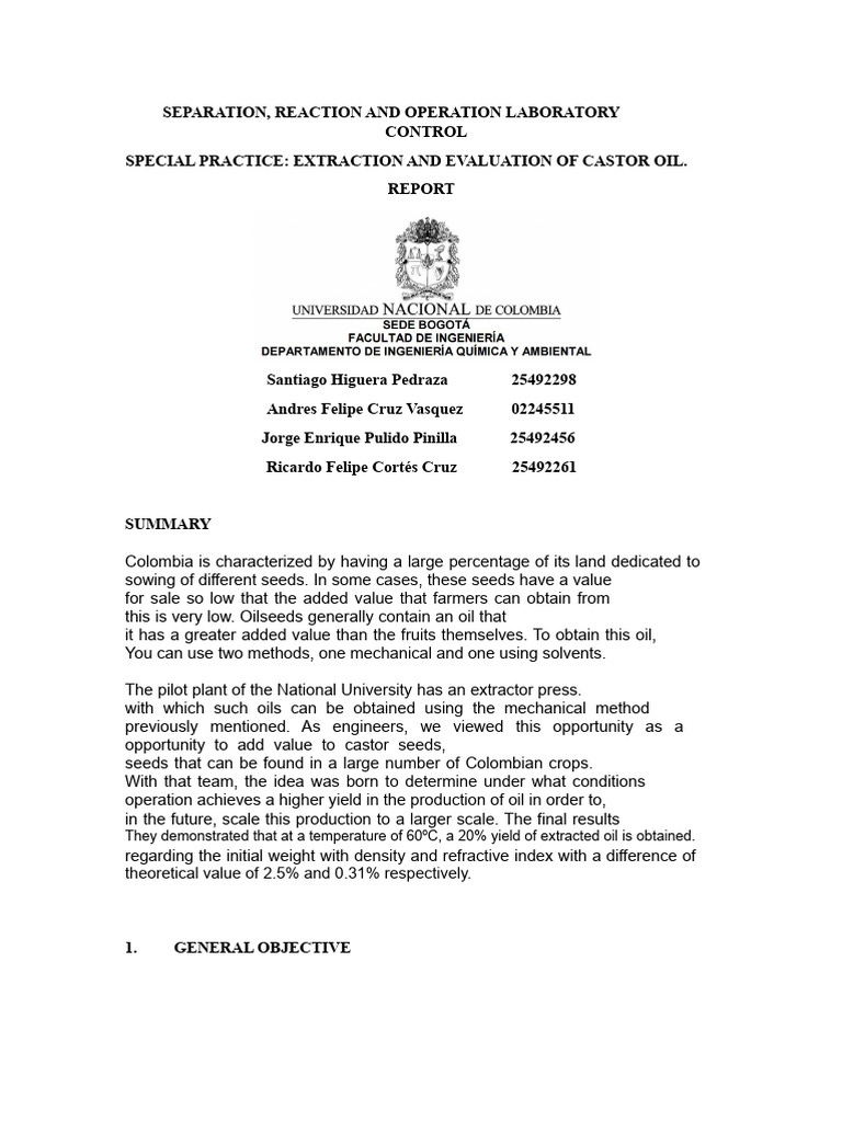 Report On Castor Oil Extraction | PDF | Distillation | Water
