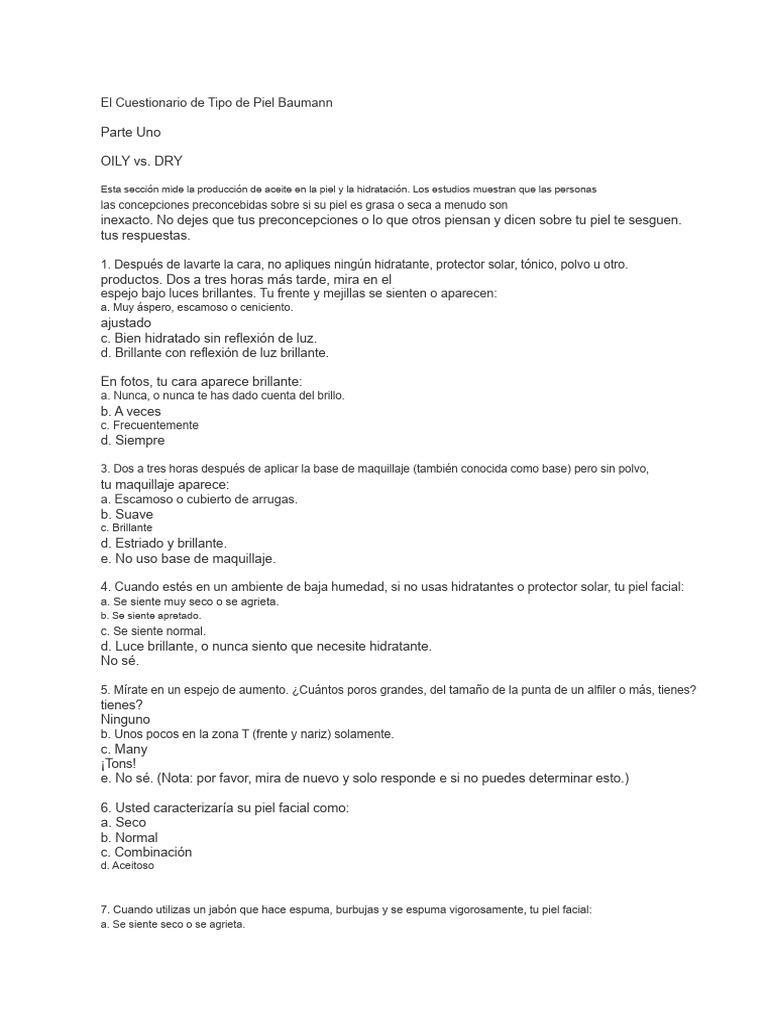 Cuestionario de Tipo de Piel Baumann | PDF | Cuestionario | Alergia