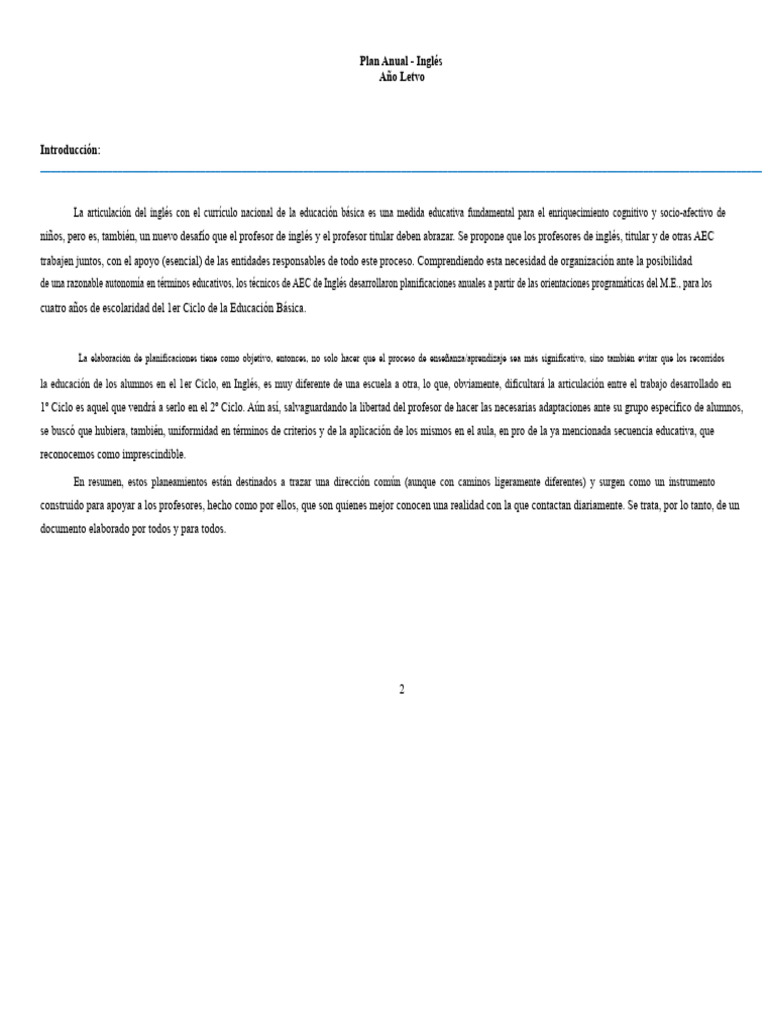 Plan Anual Lengua Inglesa Fundamental I | PDF | Educación primaria ...