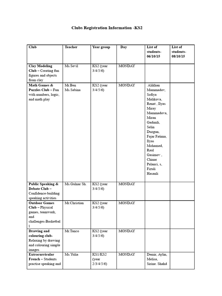 Clubs Registration Information KS2 | PDF | Entertainment | The Arts