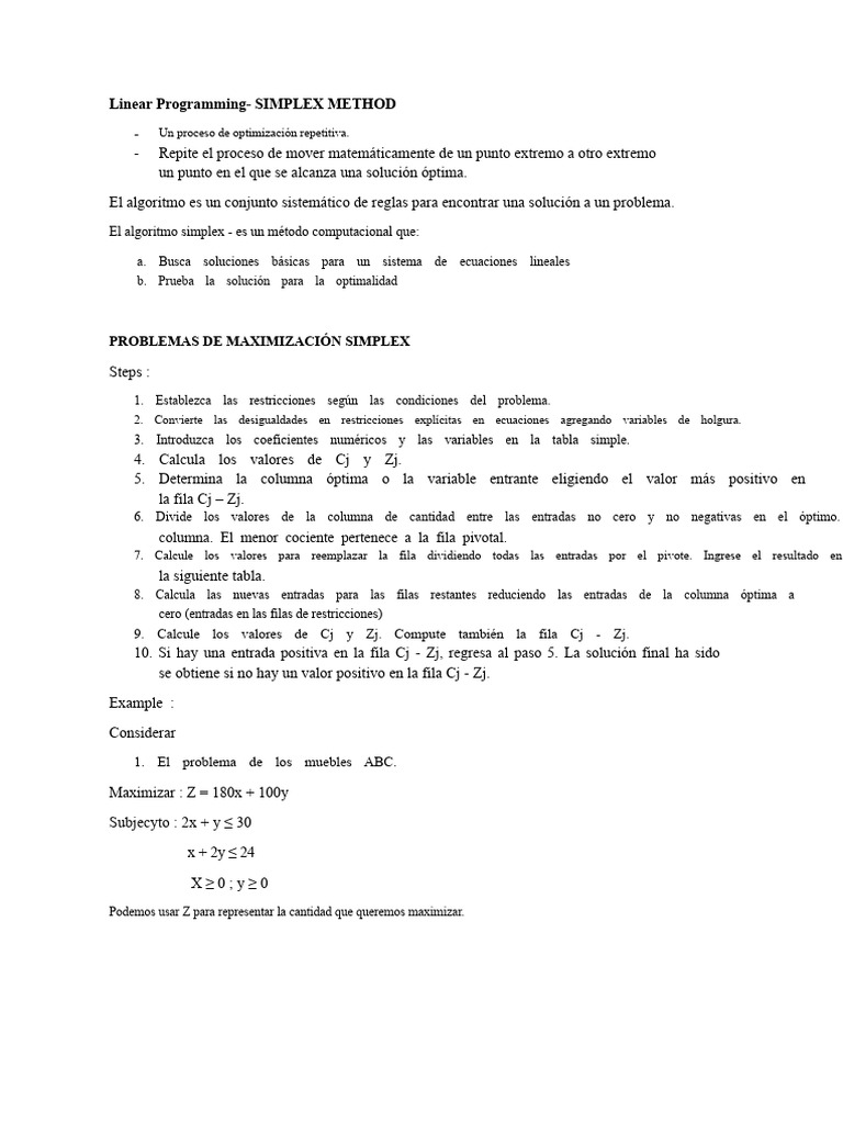 Método Simplex en Programación Lineal | PDF | Álgebra | Análisis matemático