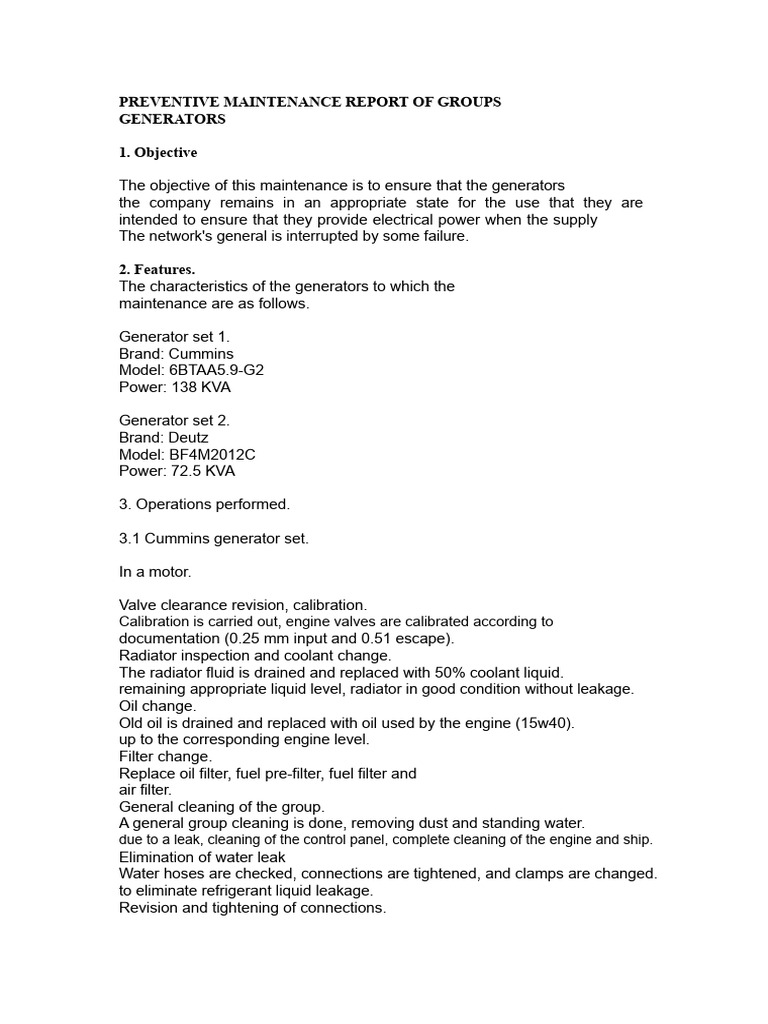 Generator Preventive Maintenance Report | PDF | Leak | Electric Generator