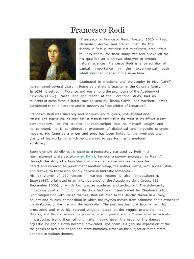 Francesco Redi: Pioneer of Science and Poetry | PDF