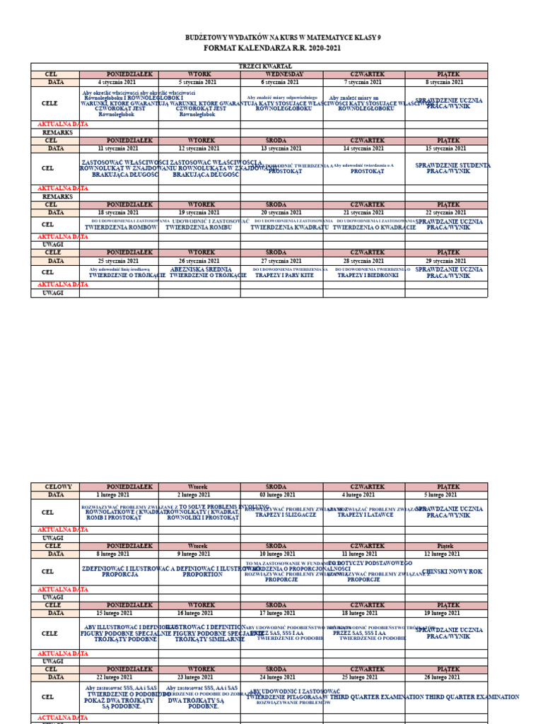 BCO KLASA 9 MATEMATYKA Q3 kalendarz typ 2020 | PDF