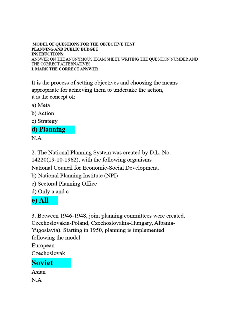 Model of Questions For The Objective Test On Planning and Budgeting ...