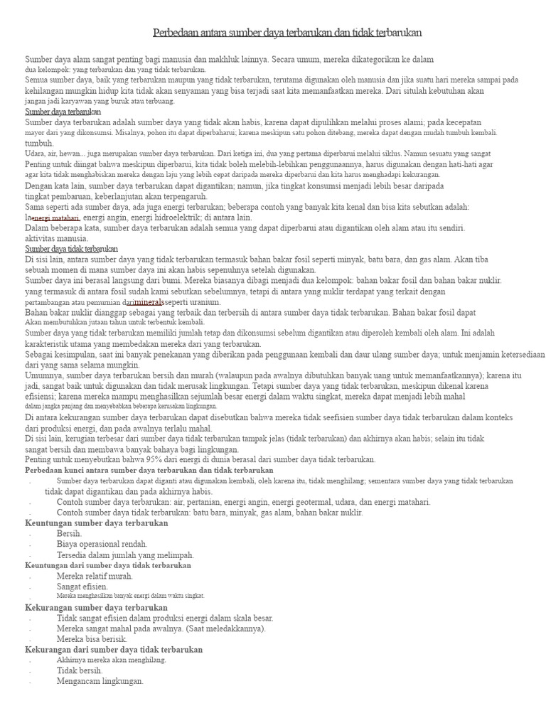 Perbedaan antara sumber daya terbarukan dan tidak terbarukan.docx | PDF