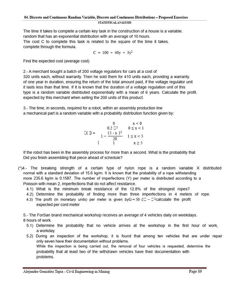 3.1 Proposed Exercises On Continuous and Discrete Random Variables ...