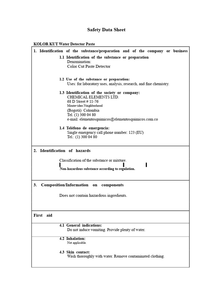 KOLOR KUT Water Detector Paste SDS | PDF | Water | Chemical Substances