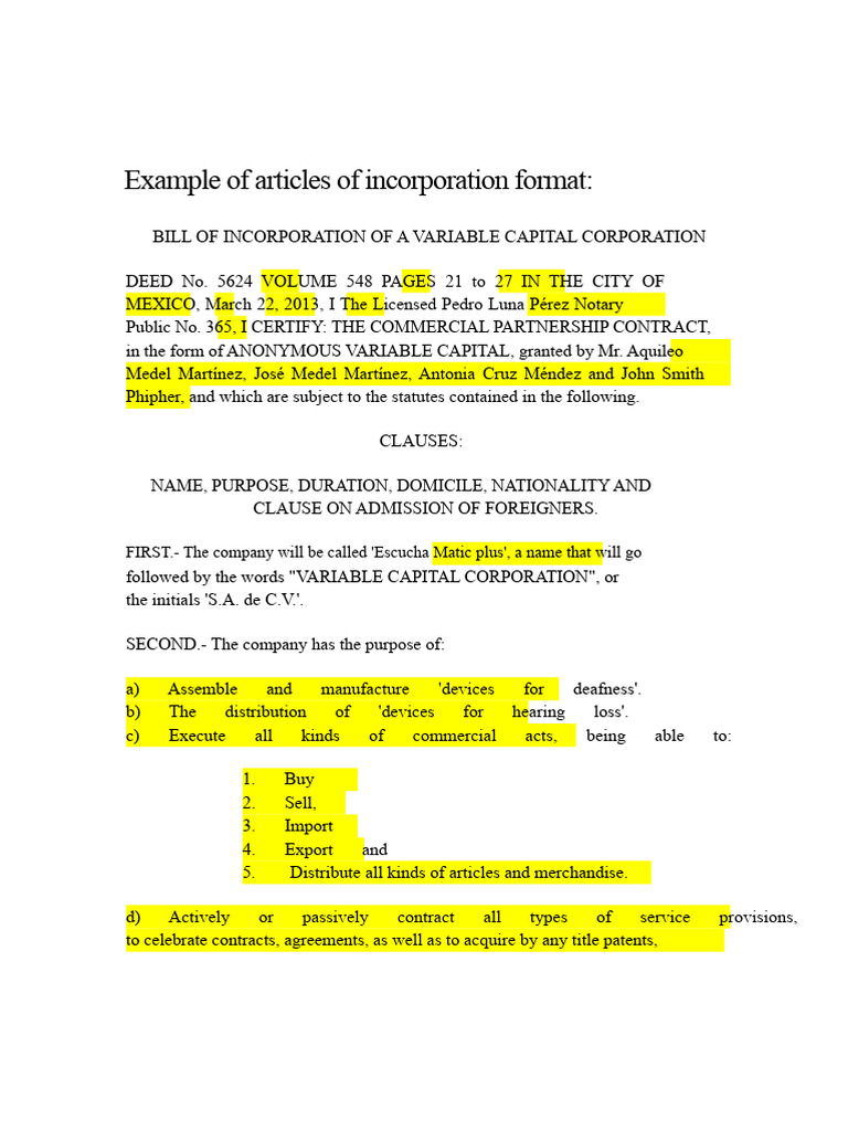 Example of Articles of Incorporation Format | PDF | Corporations ...