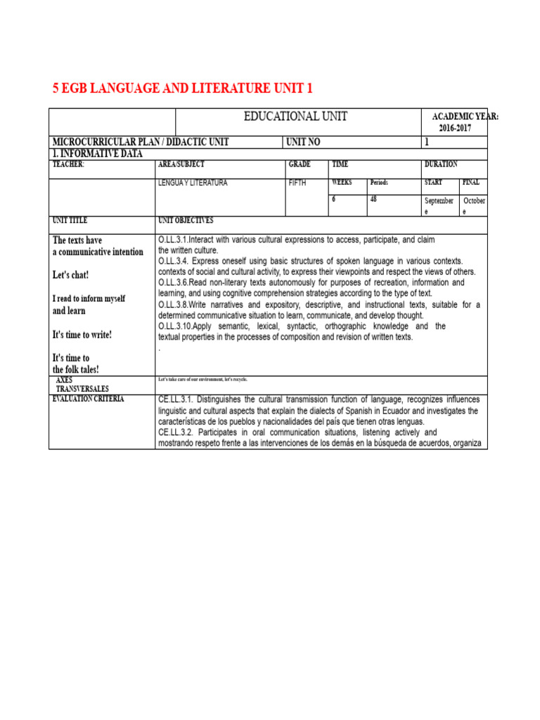 5th Grade EGB Lesson Plan by Didactic Unit | PDF | Reading ...