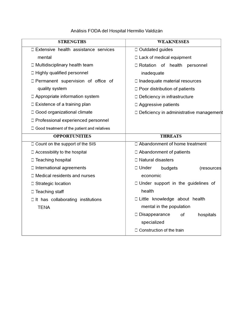 SWOT Analysis of Hermilio Valdizán Hospital | PDF
