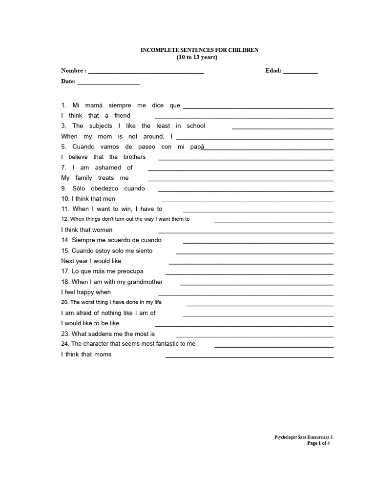 INCOMPLETE SENTENCES FOR KIDS Aged 10-13. | PDF
