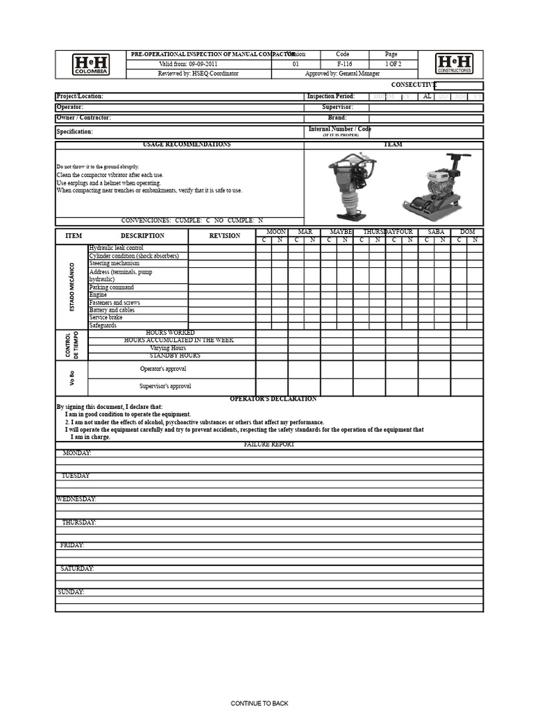 F-116 Pre-Operational Inspection Manual Compactor V01 | PDF