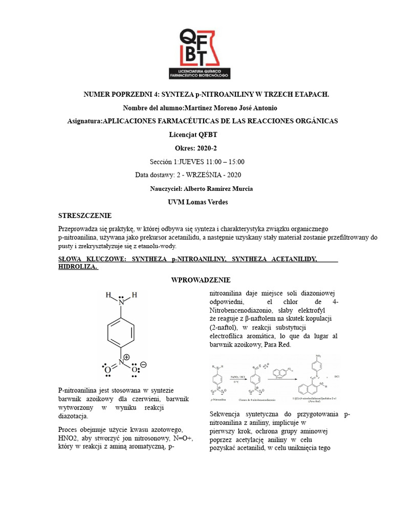 PREWIO NUMER 4 SYNTEZA p-NITROANILINY W TRZECH ETAPACH | PDF