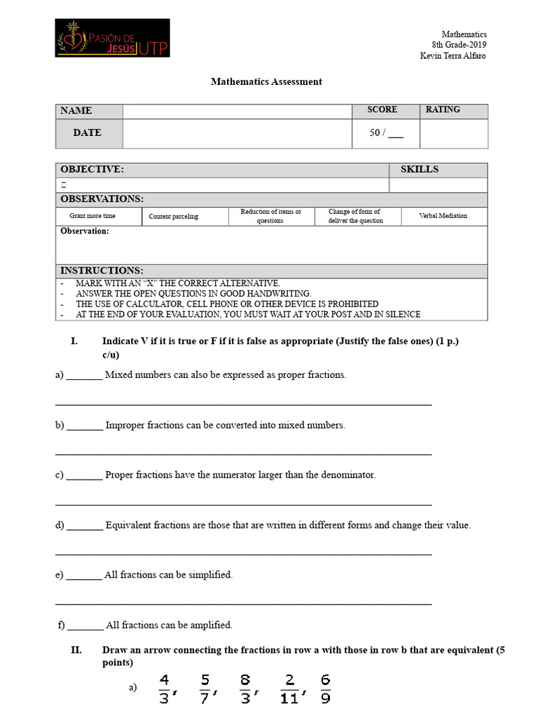 Fractions Test 8th Grade | PDF | Mathematics | Arithmetic
