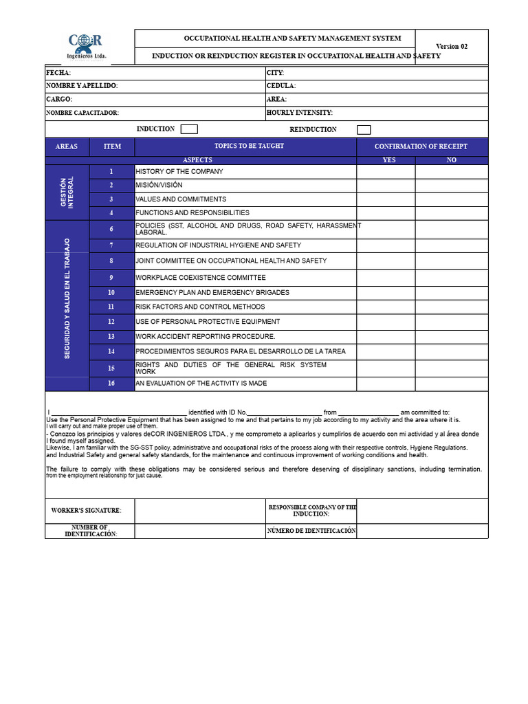 Induction and re-induction registration in occupational safety and ...