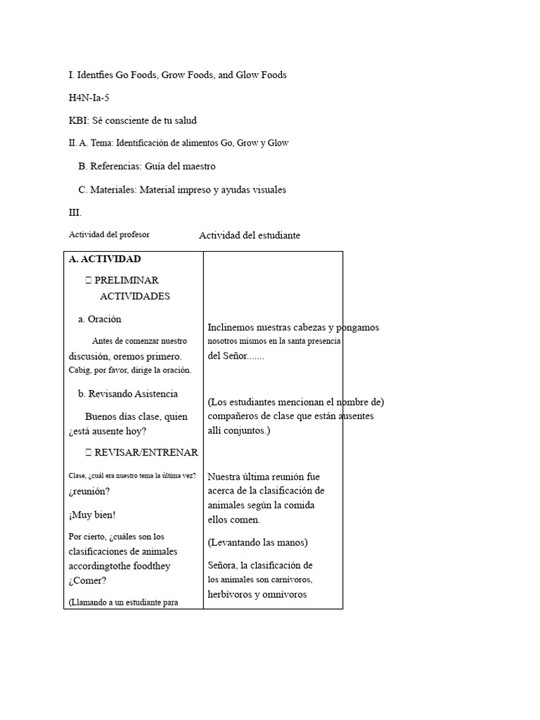 Plan de Lecciones en Salud 4 (4a's) | PDF | Alimentos