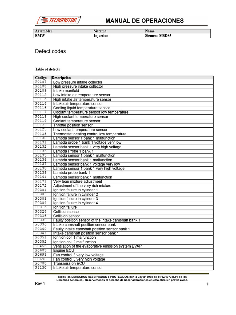 Defect Codes: Assembler BMW Sistema Injection Name Siemens MSD85 | PDF ...