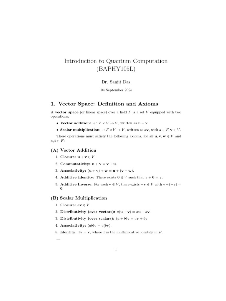 Introduction To Quantum Computation (BAPHY105L) : 1. Vector Space: Definition and Axioms | PDF ...