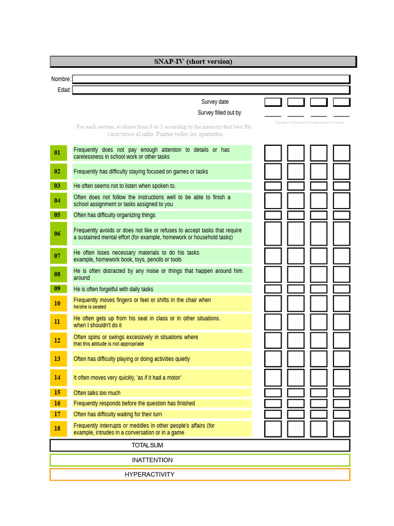 TDAH Snap IV Abbreviated Questionnaire | PDF | Attention Deficit ...
