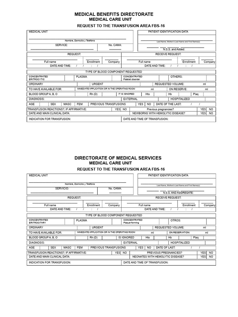 Blood Transfusion Request Form FBS-16 | PDF | Blood Transfusion | Blood ...
