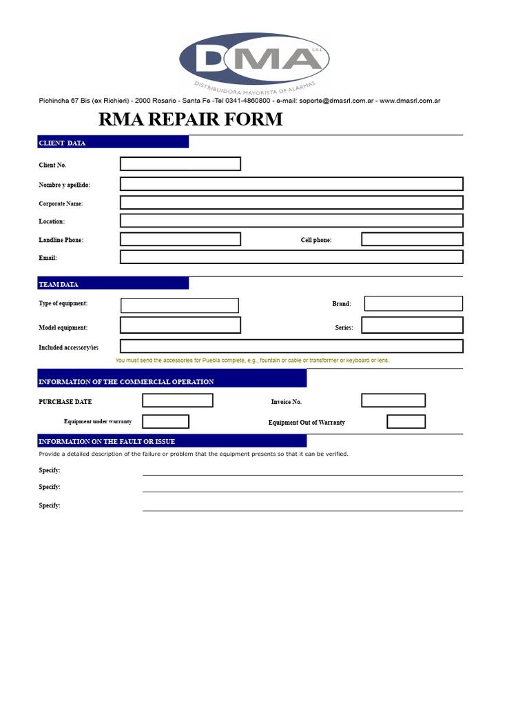 Rma Repair Form: Client Data | PDF | Camera | Digital Video Recorder