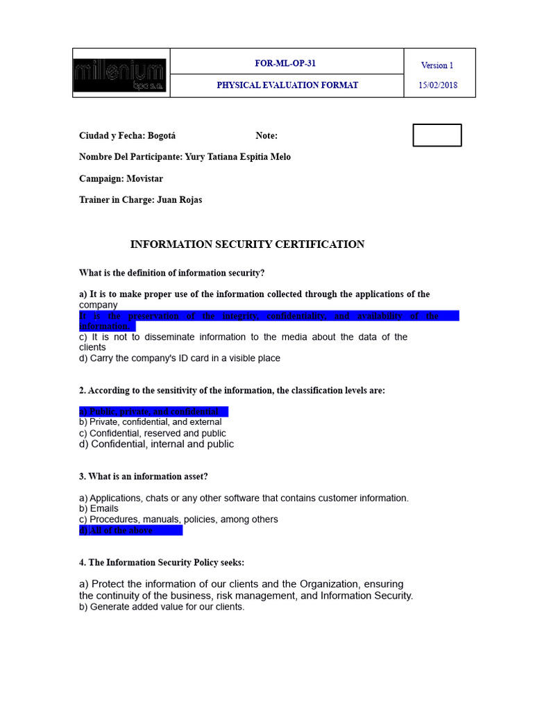 INFORMATION SECURITY EVALUATION - With Answers | PDF | Information ...