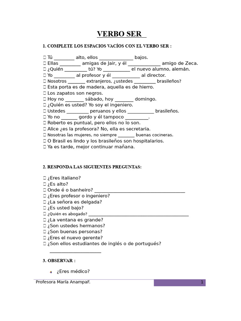 Ejercicios del Verbo Ser en Español | PDF