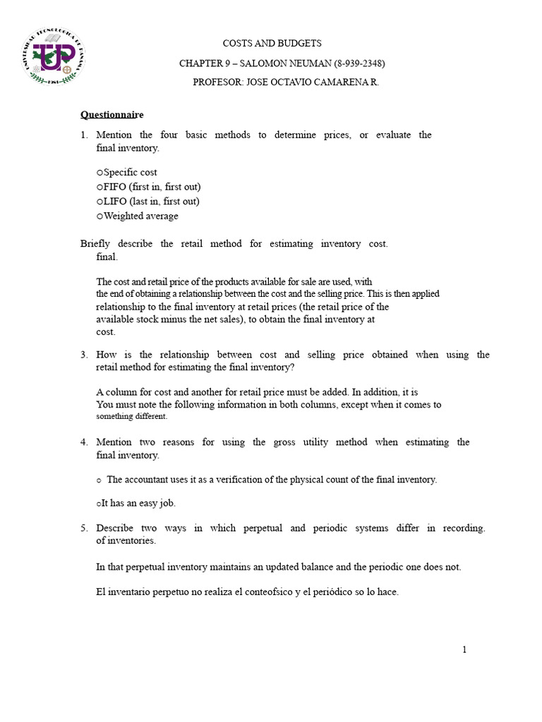 Questionnaire Chapter 9 | PDF | Inventory | Cost Of Goods Sold