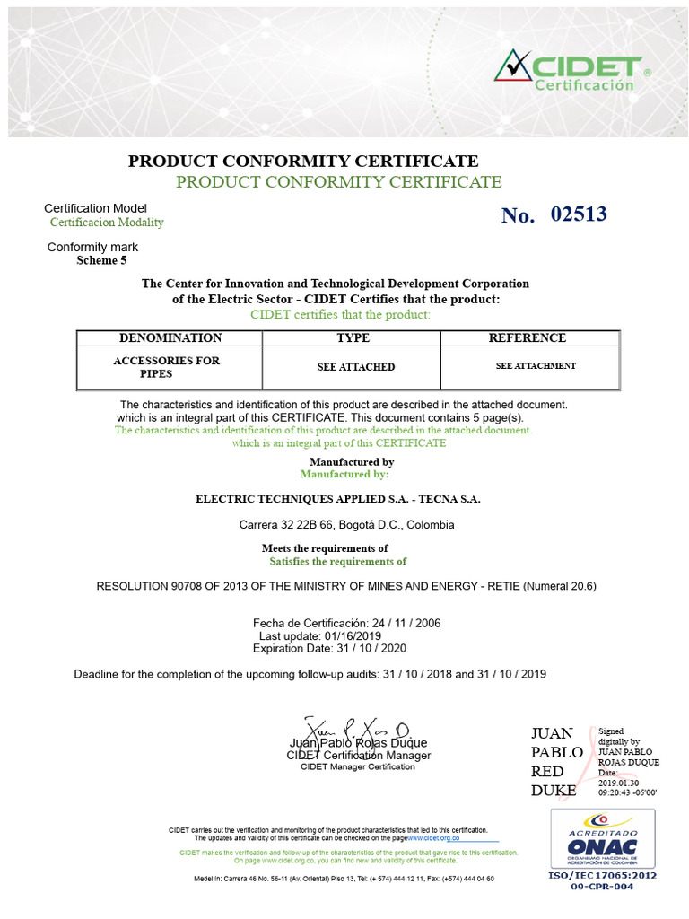 TECNA SA Certificate Retie No. 02513 With Annexes NEMA 4 Accessories ...