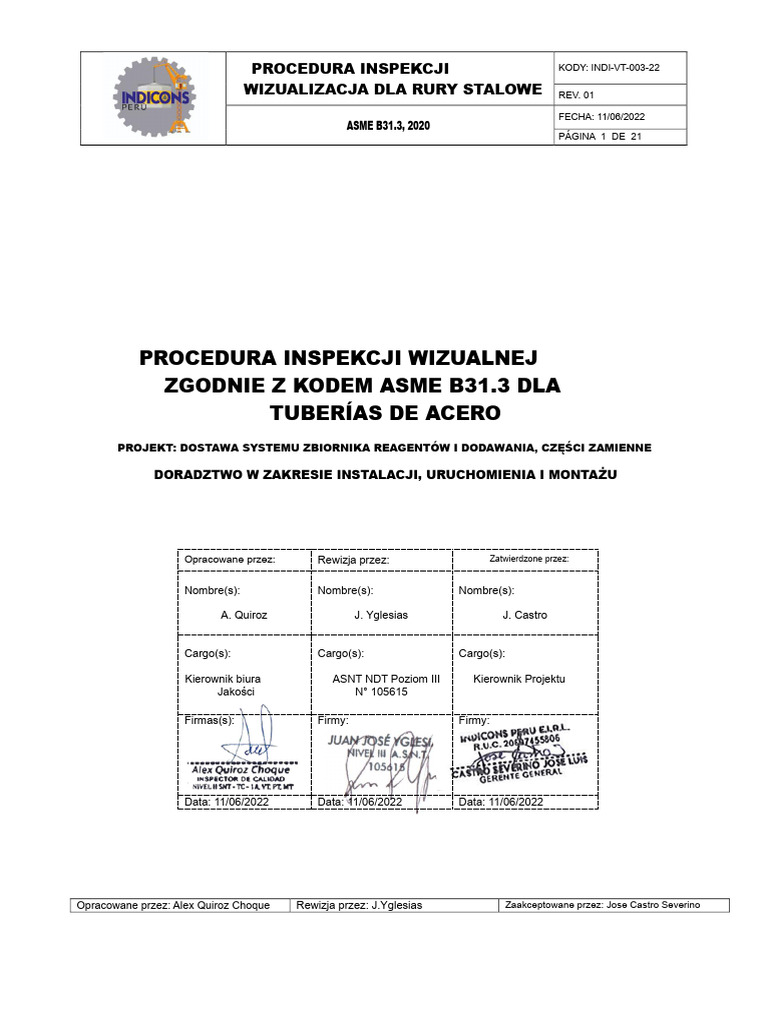 INDI-VT-003-22 - PROCEDURA VT ASME B31.3 -2022 (1) | PDF