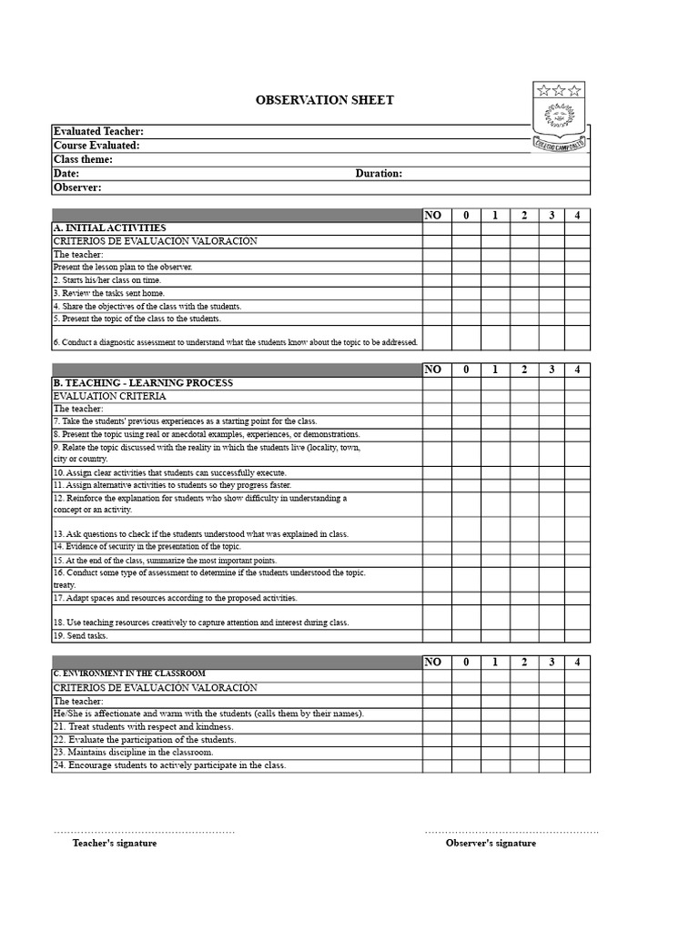 Class Observation Sheet | PDF | Teachers | Evaluation