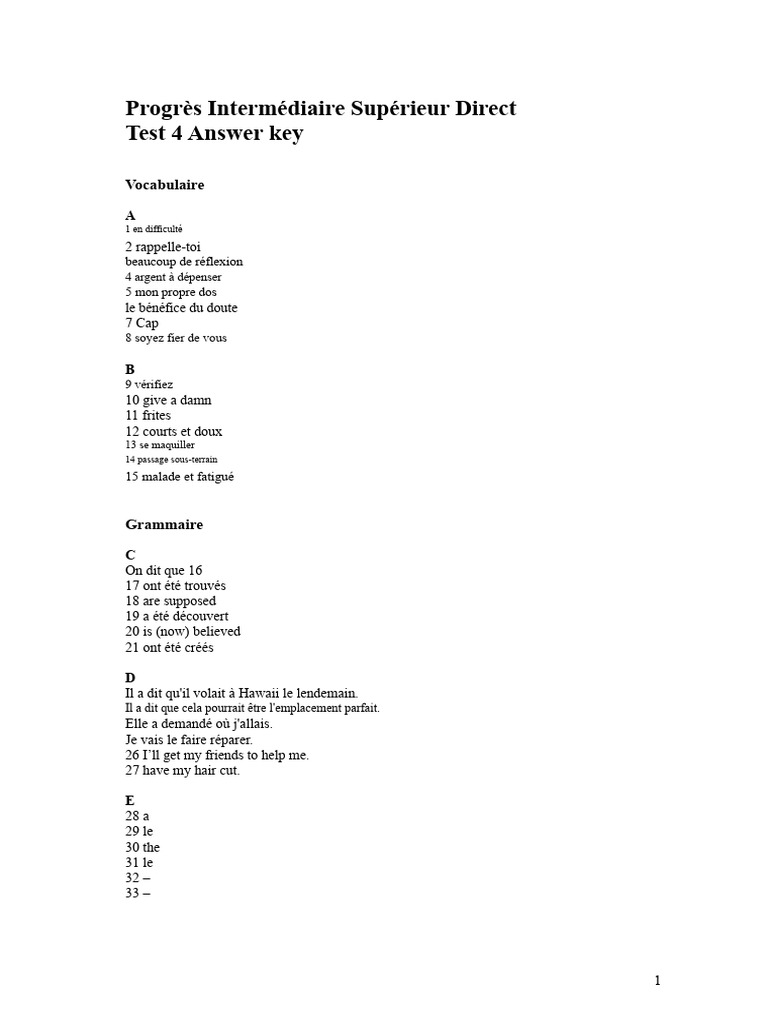 Clé de réponses Test 4 Vocabulaire et Grammaire | PDF