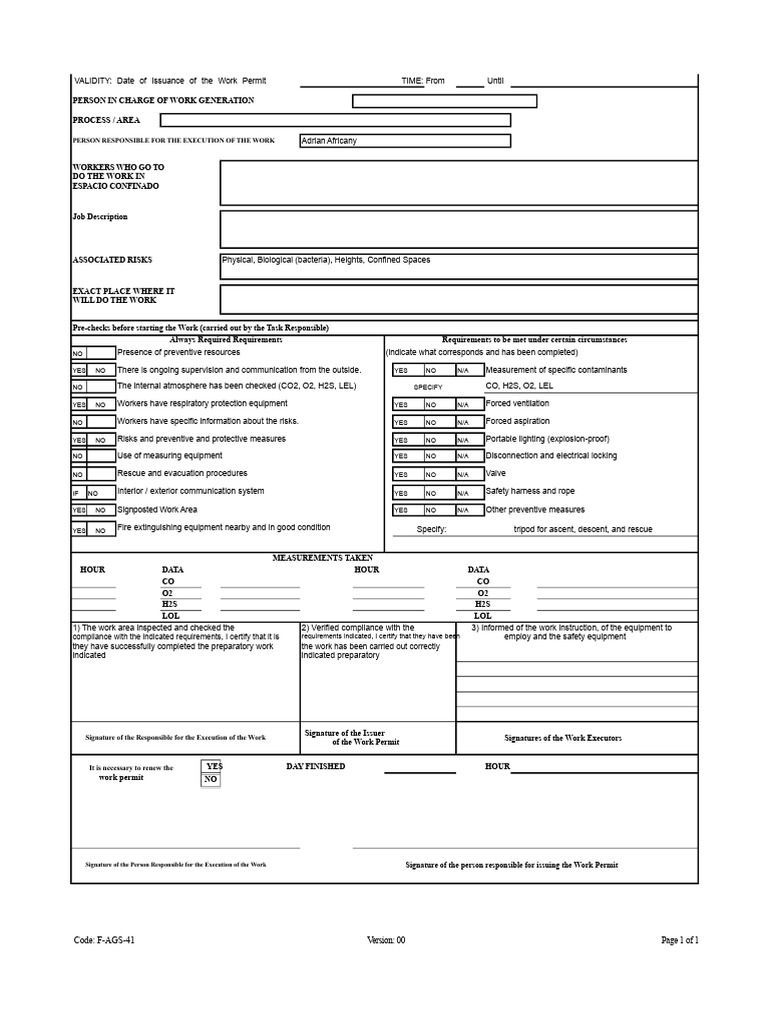 Confined Space Work Permit Format | PDF | Safety | Occupational Safety And Health