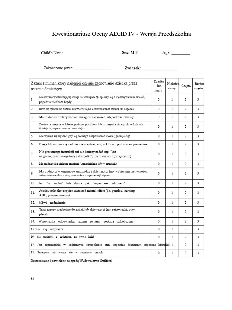 Kwestionariusz ADHD Dla Przedszkolaków | PDF