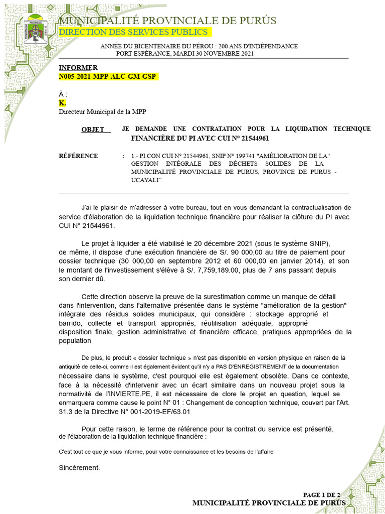 Liquidation Technique des Déchets à Purús | PDF | Économie