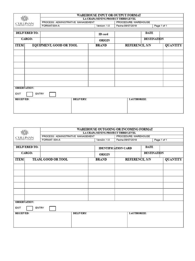Warehouse Output Format | PDF