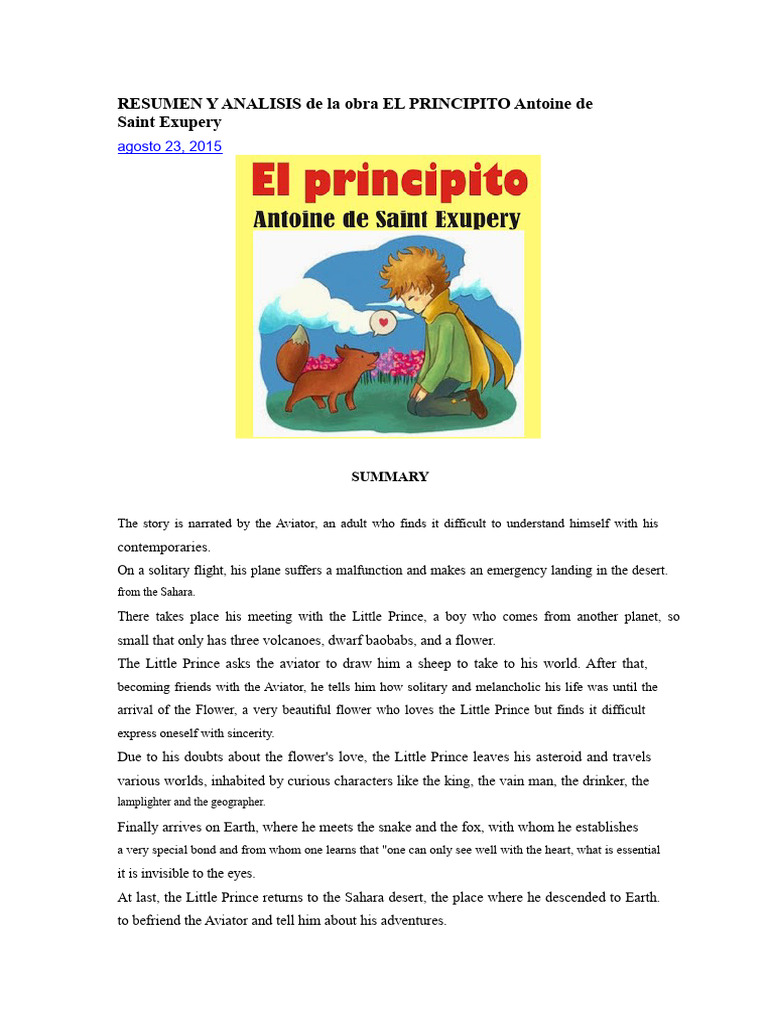 SUMMARY AND ANALYSIS of The Work THE LITTLE PRINCE by Antoine de Saint ...
