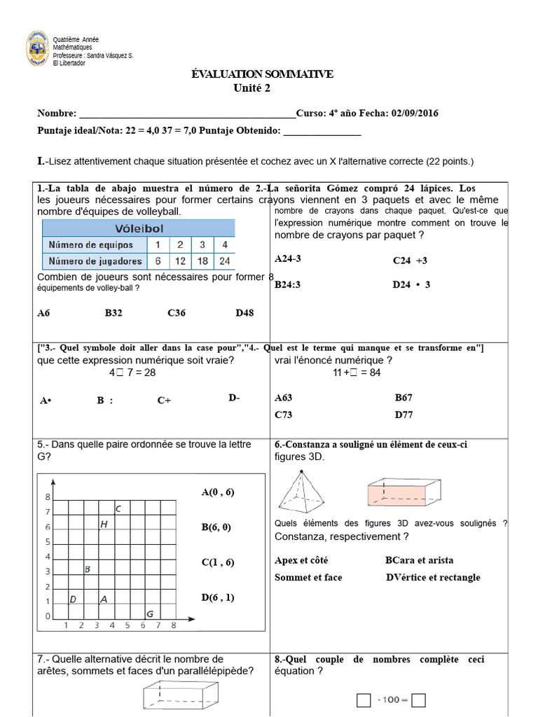 Évaluation de Mathématiques 4e Année | PDF | Échecs | Polytope