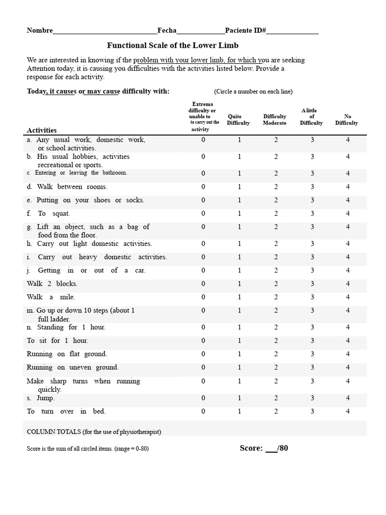 Lower Limb Functional Assessment Form | PDF