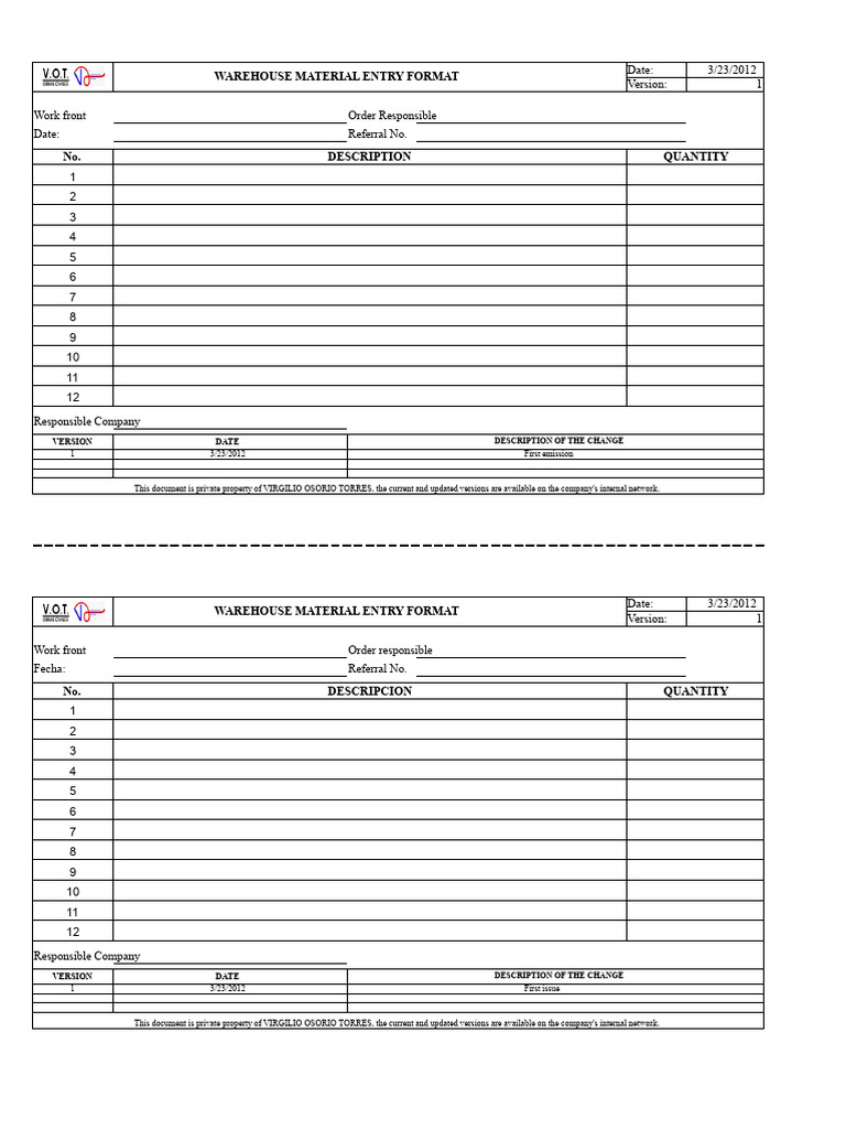 Warehouse Materials Incoming Format | PDF