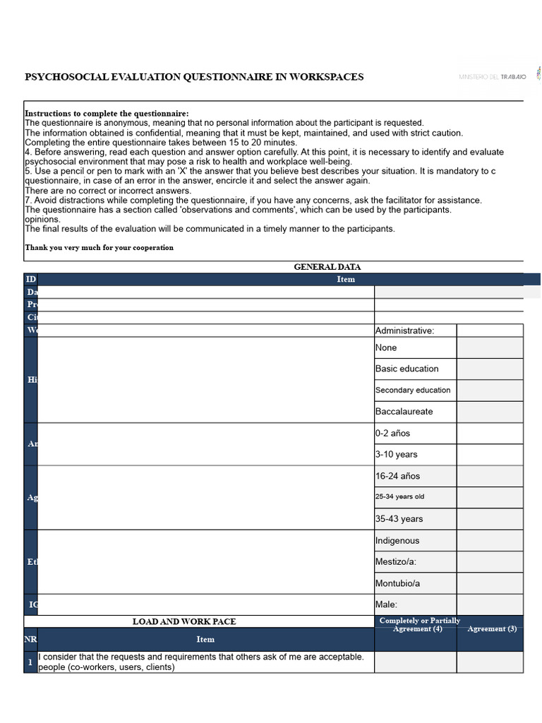 Questionnaire For The Evaluation of Psychosocial Risks | PDF | Risk ...