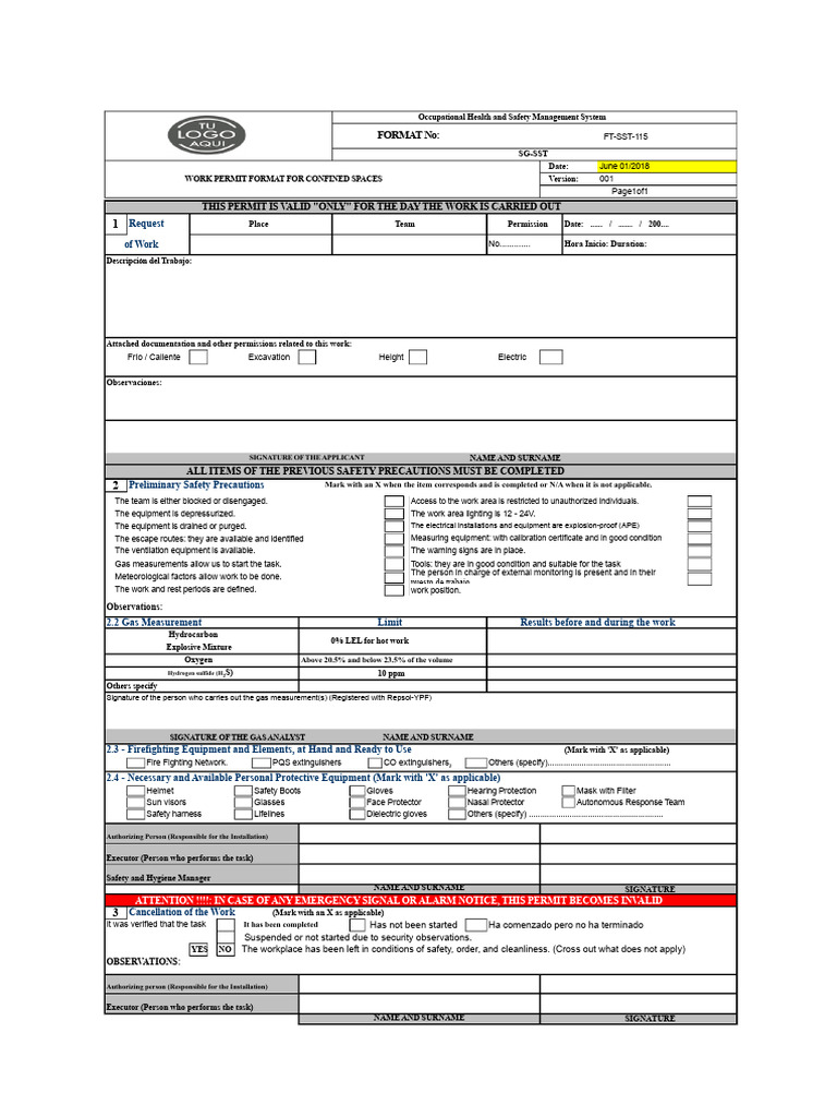 FT-SST-115 Work Permit Format for Confined Spaces | PDF | Firefighting | Working Conditions