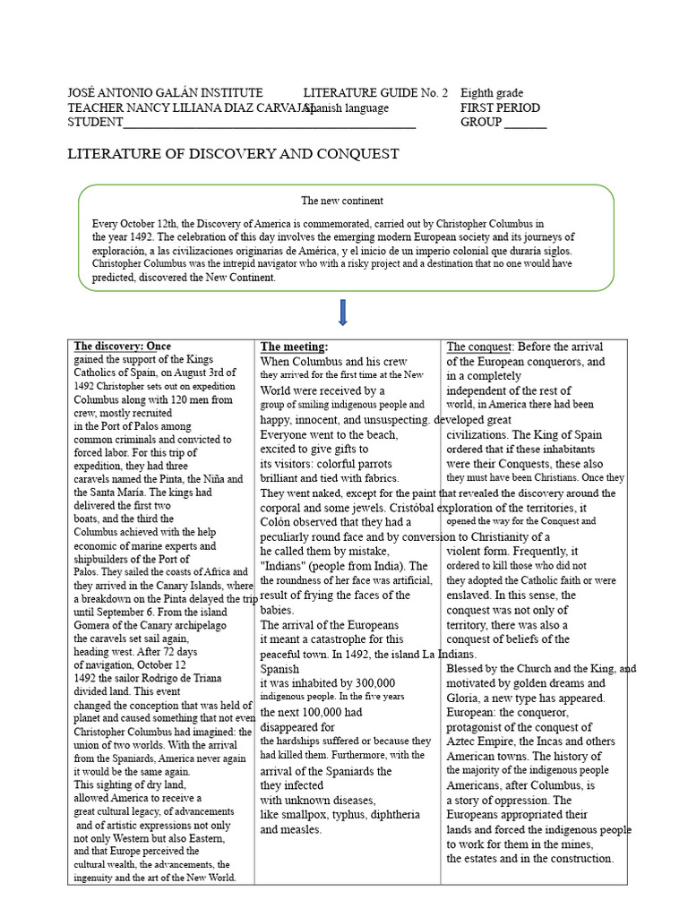 Literature Workshop #2 Discovery and Conquest 8th Grade | PDF ...
