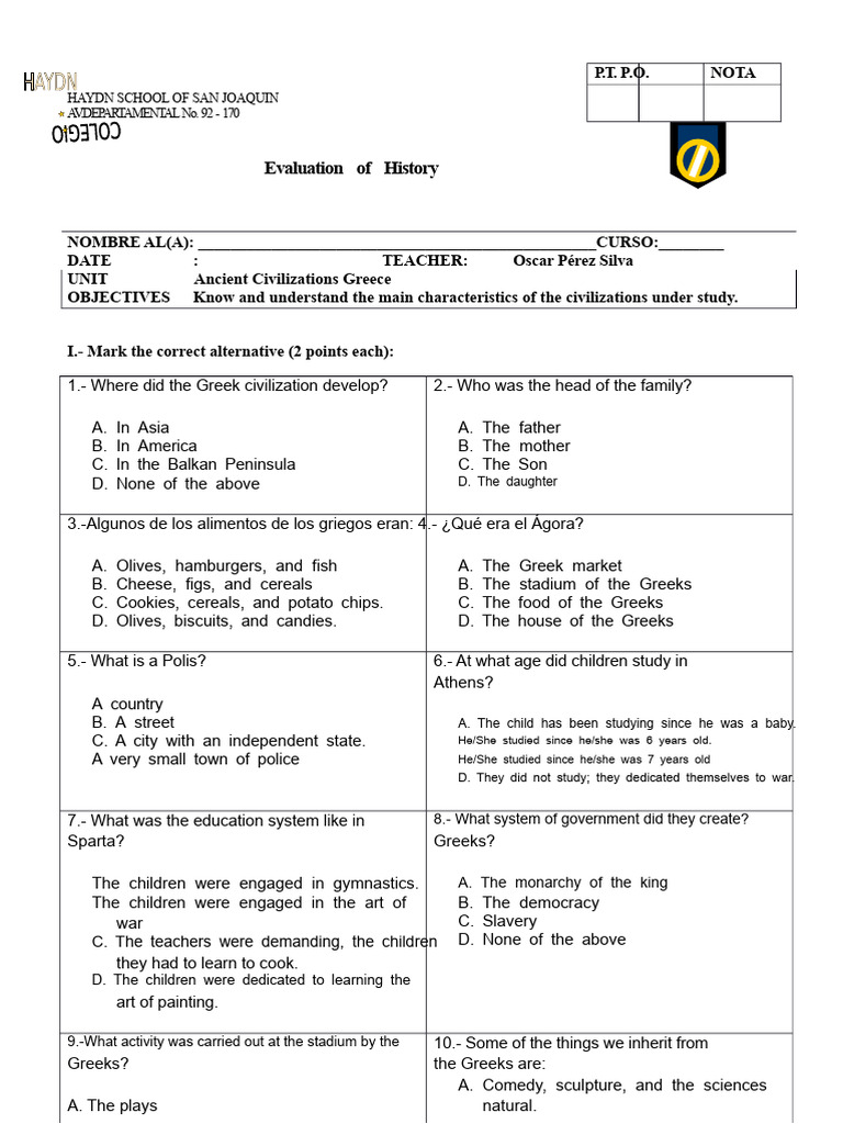 History Test Ancient Greece 3rd Grade | PDF | Athena | Apollo
