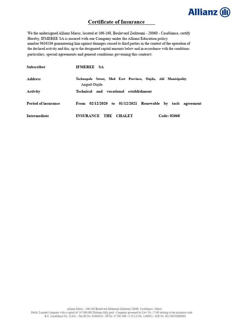 Allianz Maroc Certificate of Insurance | PDF | Insurance | Private Law