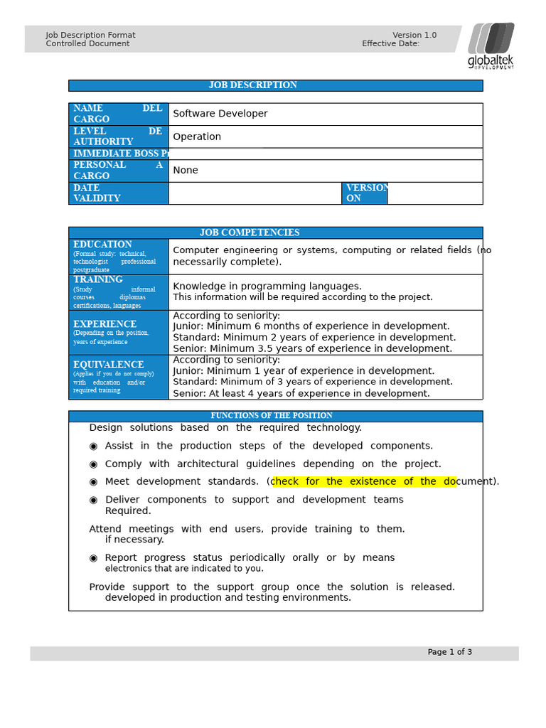 Job Description Software Developer | PDF | Occupational Safety And ...