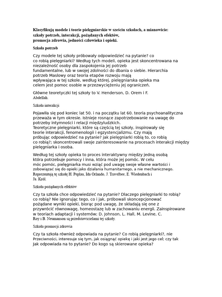 Modele I Teorie Pielęgniarskie Klasyfikowane Są W Sześciu Szkołach. | PDF