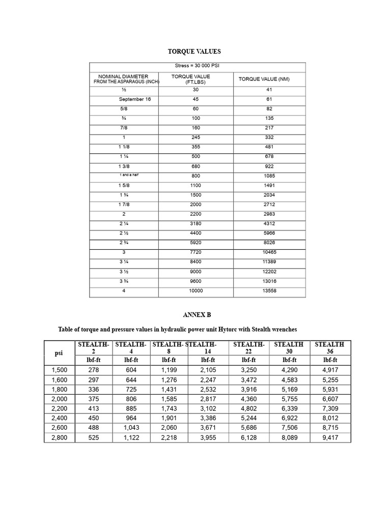 Torque Values for Hydraulic Wrenches | PDF | Classical Mechanics ...